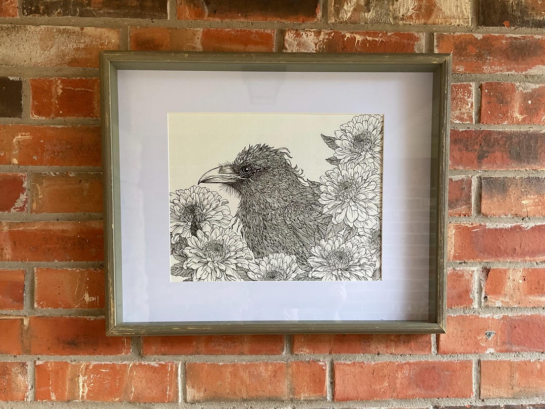 Original Pen & Ink Drawing - Raven in the Dahlias - Etsy