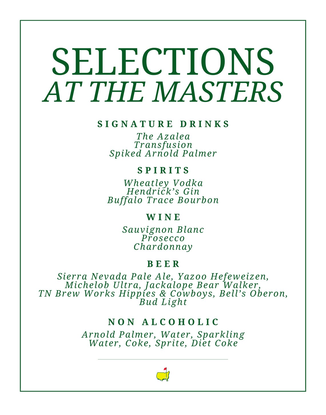 Masters Tournament Golf Party Bar Menu Drink Selections Drink Menu Golf ...