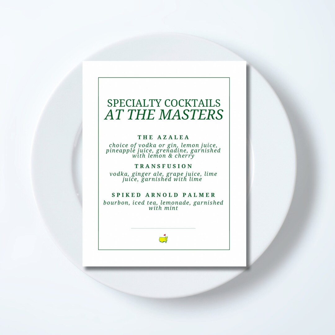 Masters Cocktails Menu Golf Party Bar Menu Drink Selections Cocktail ...