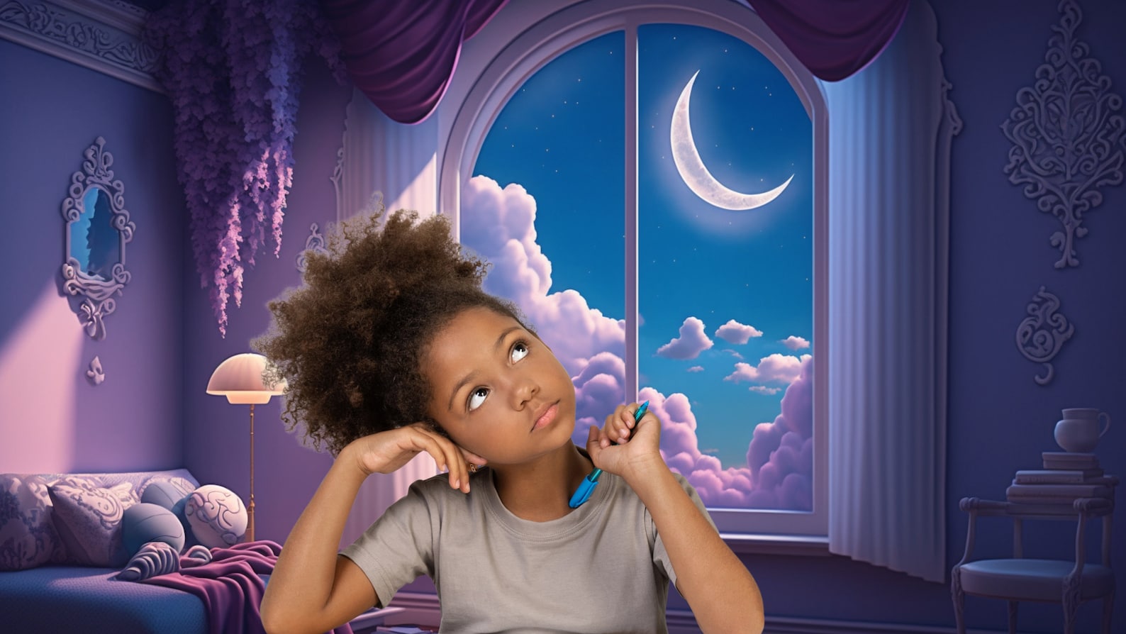 Magical Zoom Backgrounds ,window With Fluffy Clouds and the Moon for ...