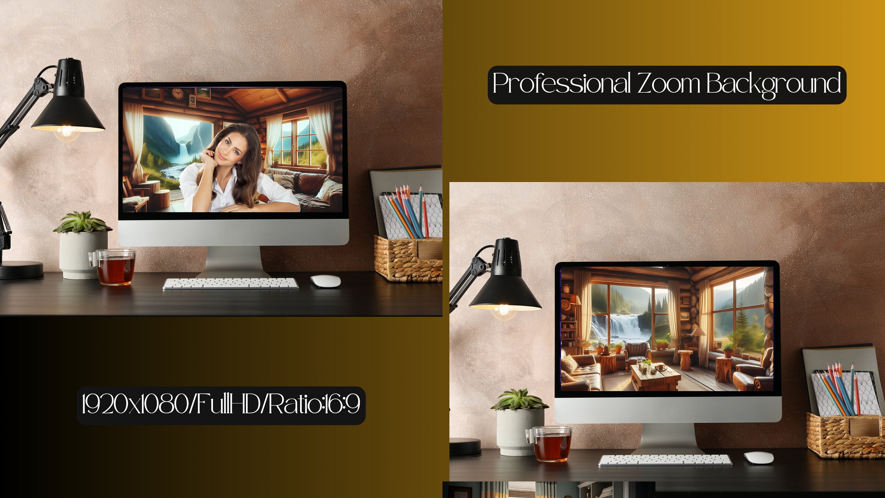Rustic Cabin With a Waterfall Backdrop ,4 Zoom Virtual Backgrounds ...