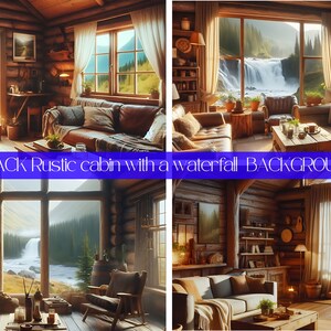 Rustic Cabin With a Waterfall Backdrop ,4 Zoom Virtual Backgrounds ...