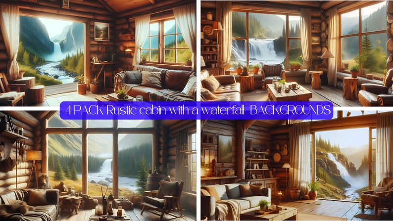 Rustic Cabin With a Waterfall Backdrop ,4 Zoom Virtual Backgrounds ...