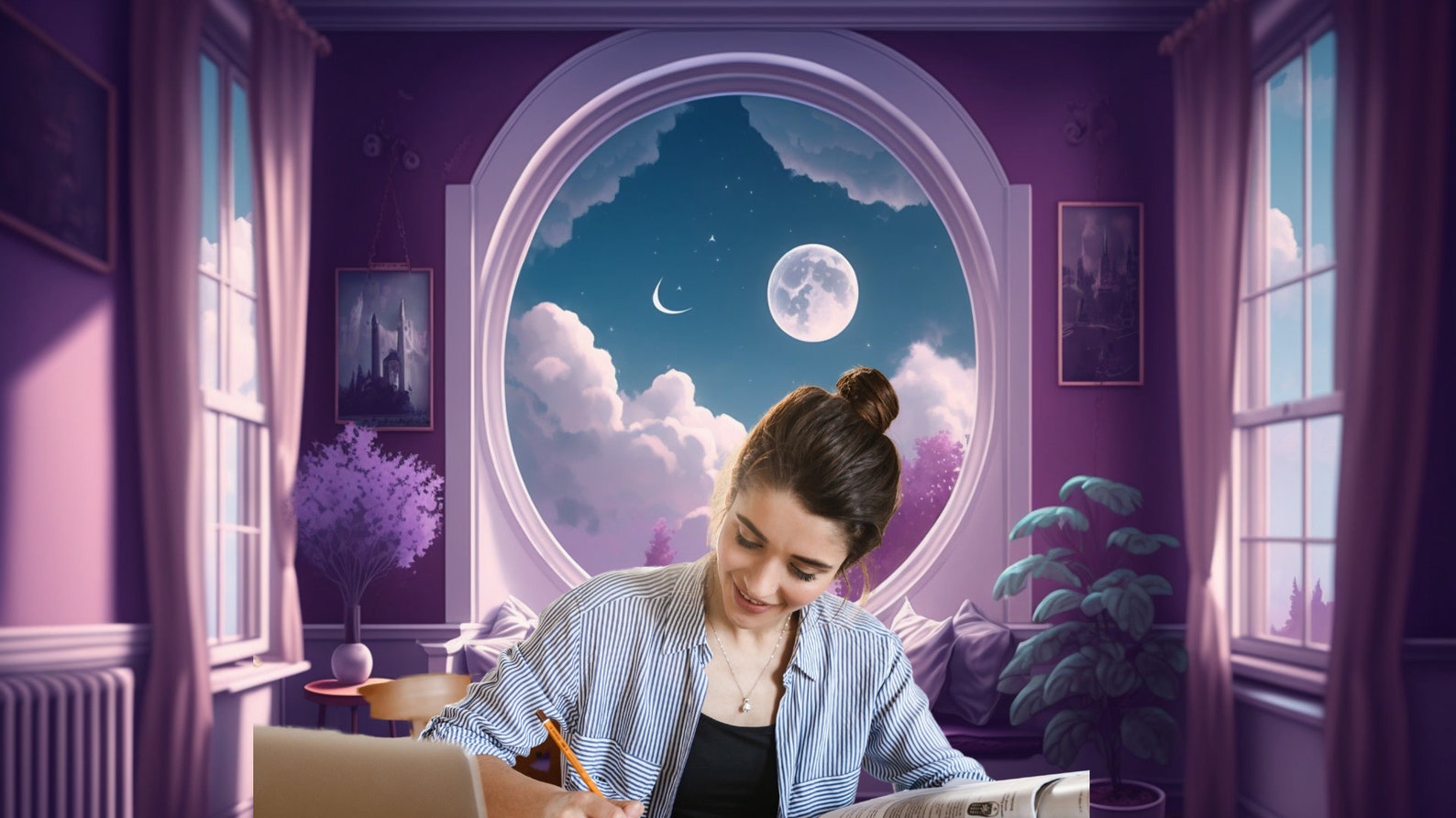 Magical Zoom Backgrounds ,window With Fluffy Clouds and the Moon for ...