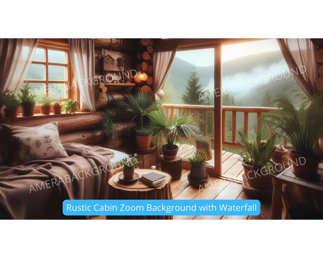 Rustic Cabin Zoom Background With Waterfall , Virtual Background for ...