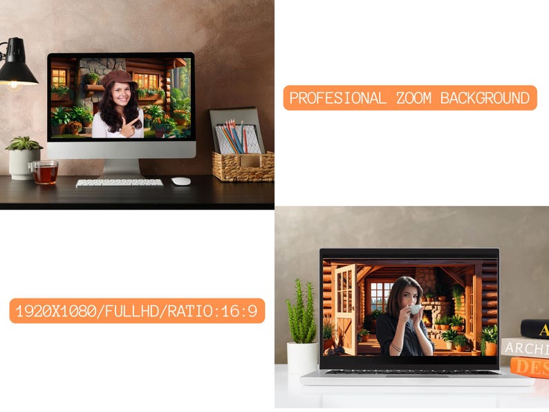 Rustic Cabin Zoom Background With Cozy Fireplace and Indoor Plants,warm ...