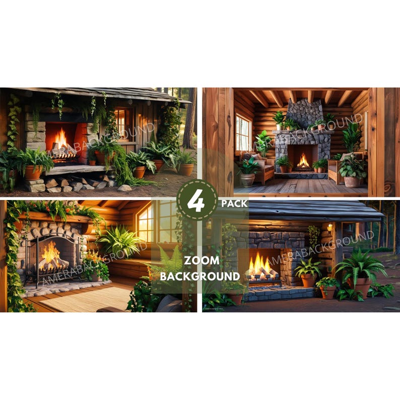 Rustic Cabin Zoom Background With Cozy Fireplace and Indoor Plants ...