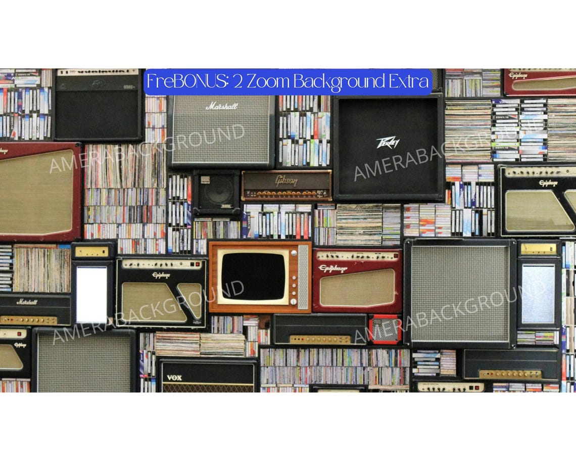 Vintage CD and Vinyl Record Shelf Zoom Background, Retro Guitar Amps ...