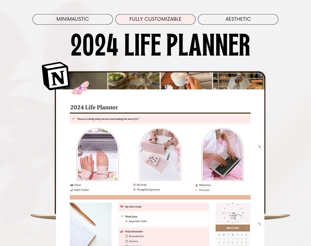2024 Life Planner Notion Aesthetic Notion Planner Light and Dark Themes Productivity Planner ...