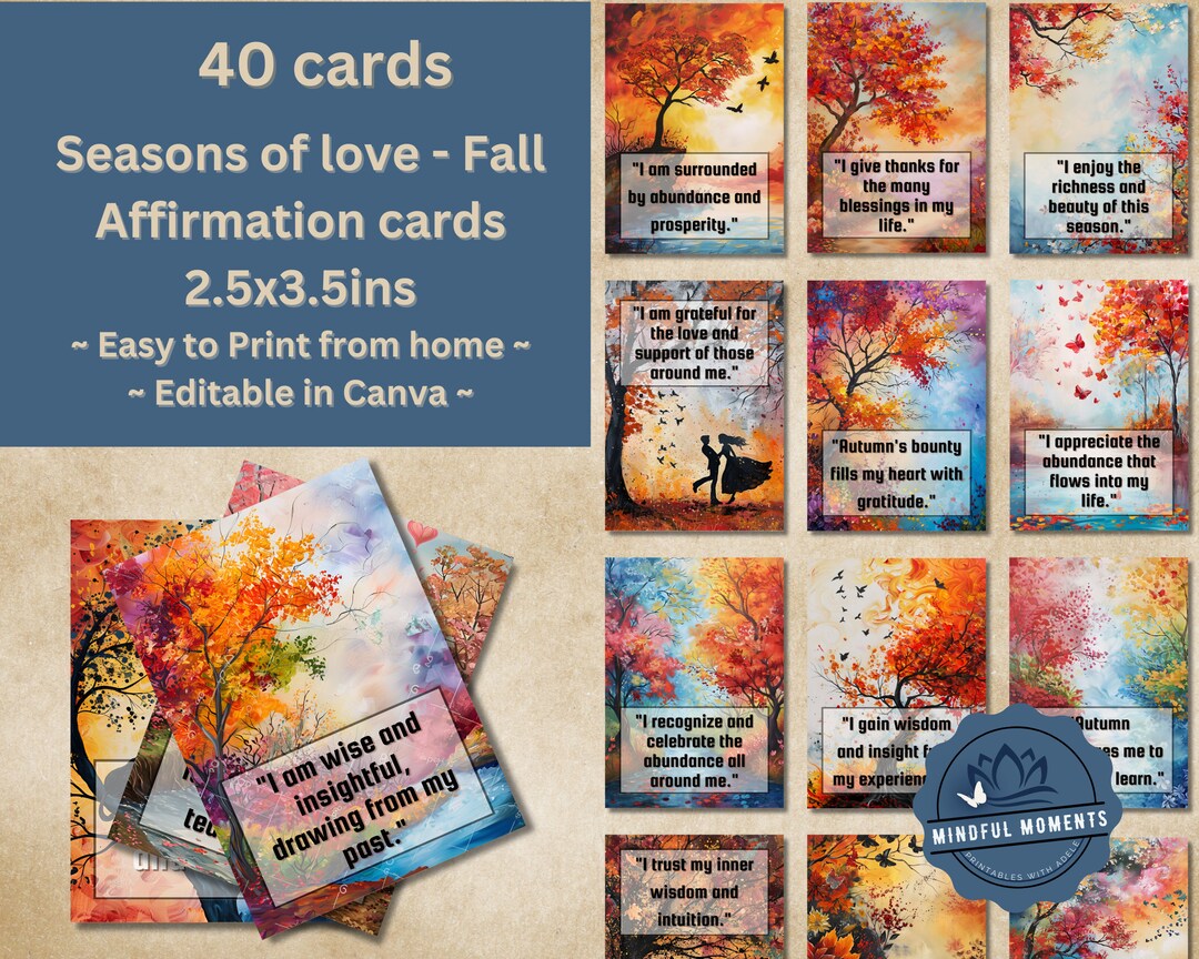Seasons of Love Fall Affirmation Cards 40 Editable 2.5x3.5in Prints ...
