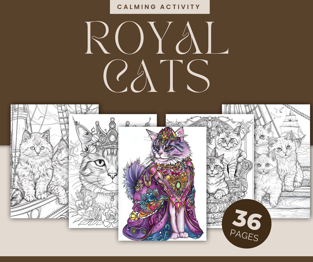 Magical Royal Cats Coloring Pages for Adults and Kids - Instant ...