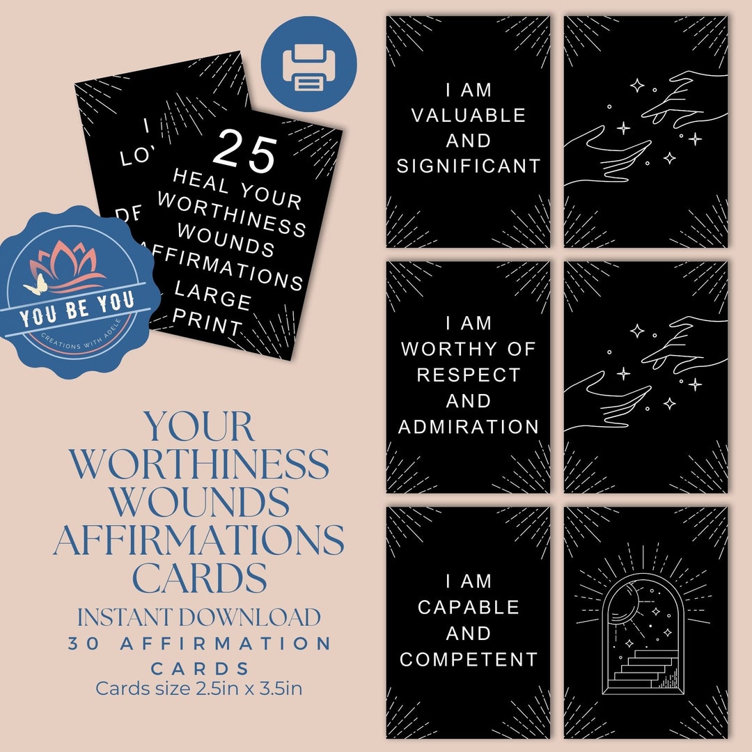 Heal Your Worthiness Wounds, 25 Affirmations 5x7 Large Print Black ...