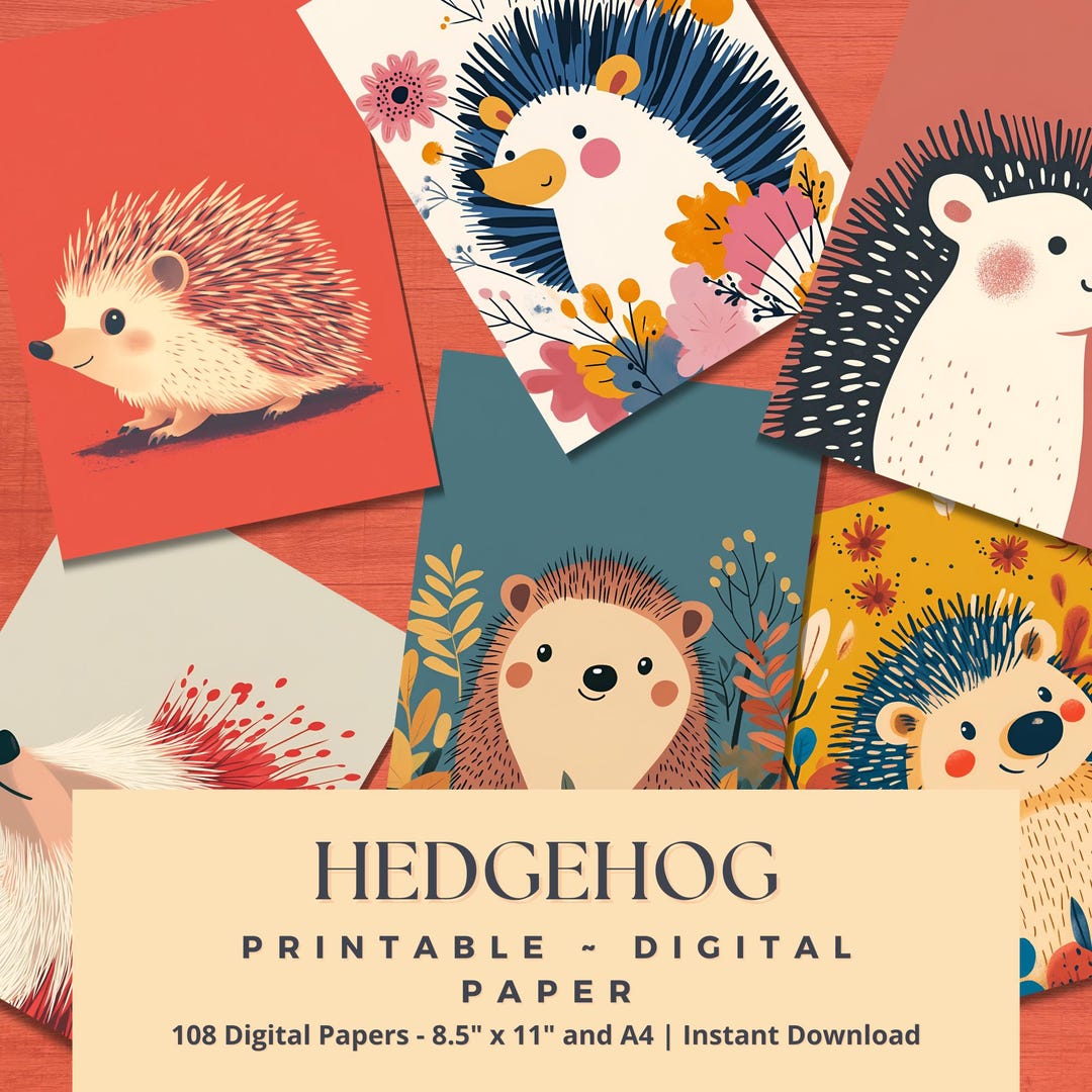 108 Hedgehog Digital Papers - Printable 8.5"x11" | A4 Cute Animal ...