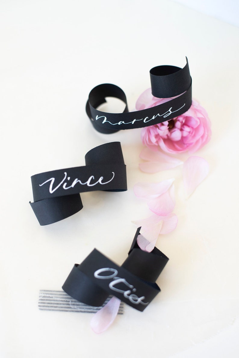 Black Scroll Name Tag Ribbon With Calligraphy Modern Wedding Unique ...