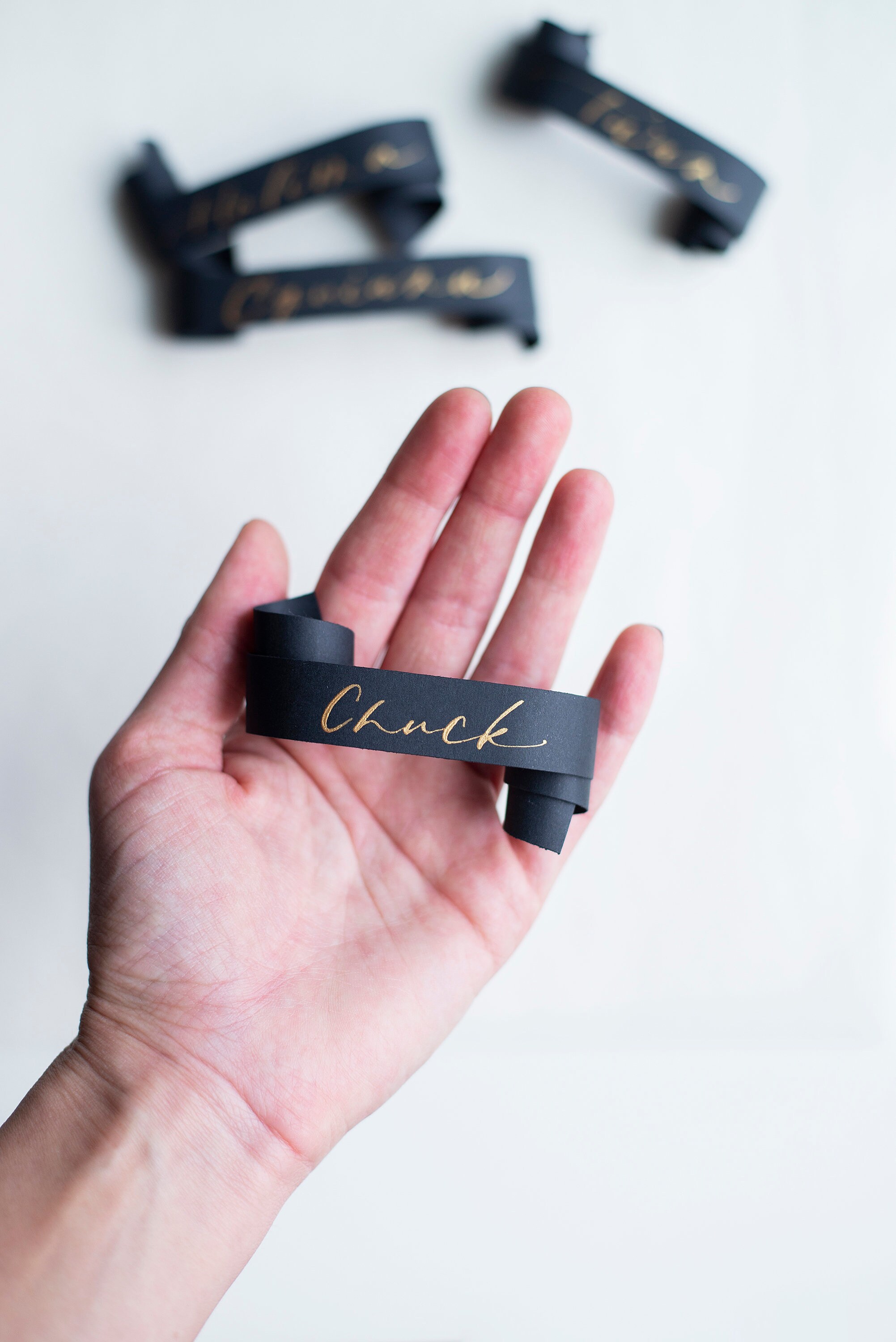 Black Scroll Name Tag Ribbon With Calligraphy Modern Wedding Unique ...