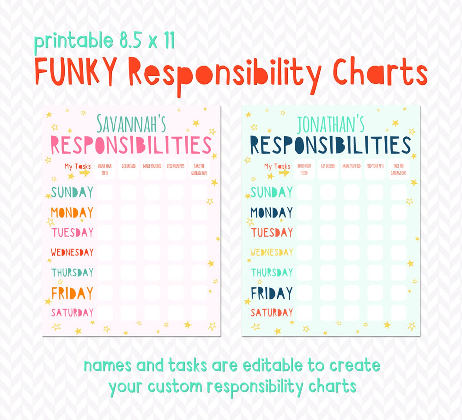 FUNKY Responsibility Charts - 8.5 X 11 - Editable - Etsy