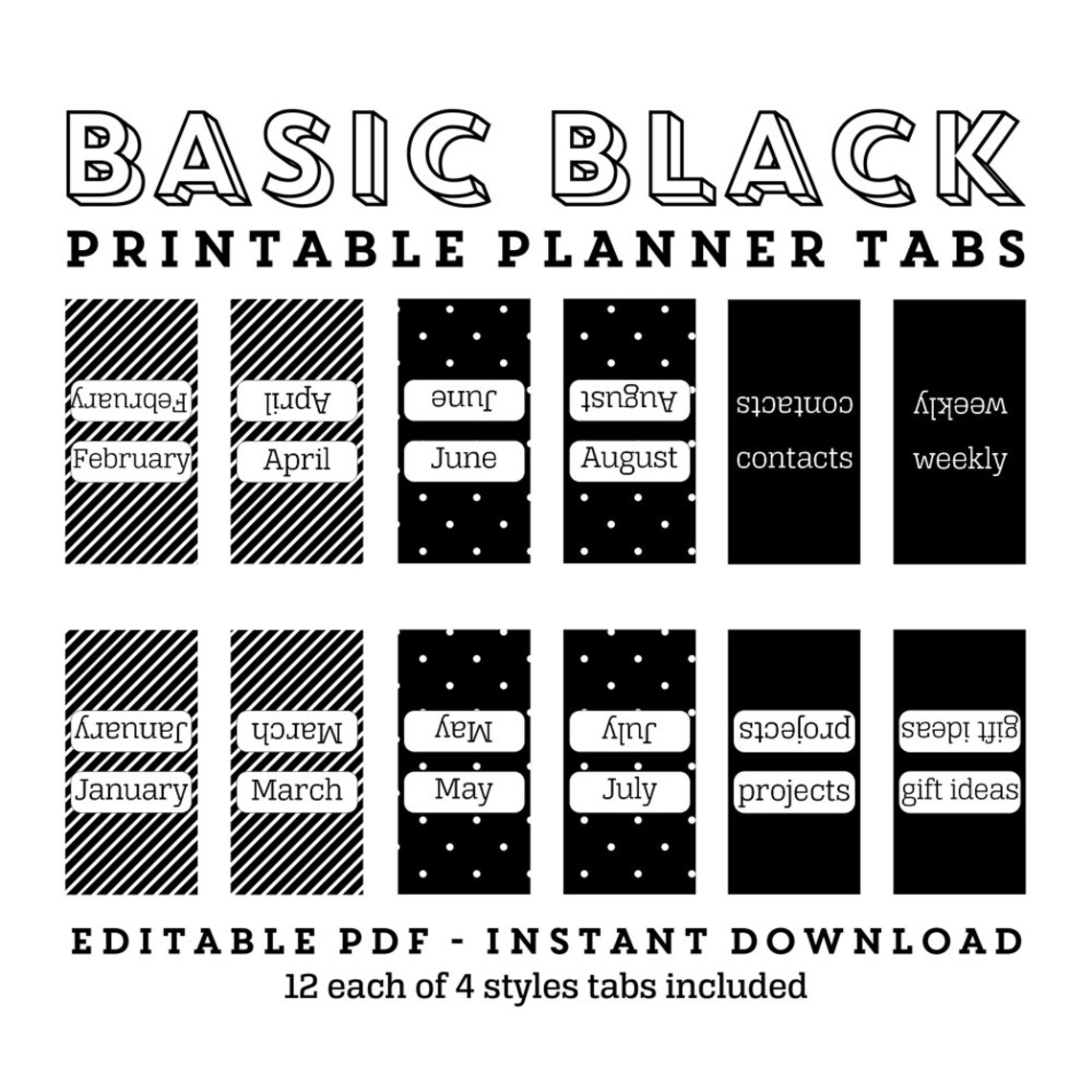 Printable Planner Tabs - Basic Black - Editable - Etsy