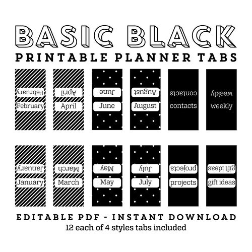 Printable Planner Tabs Basic Black Editable - Etsy