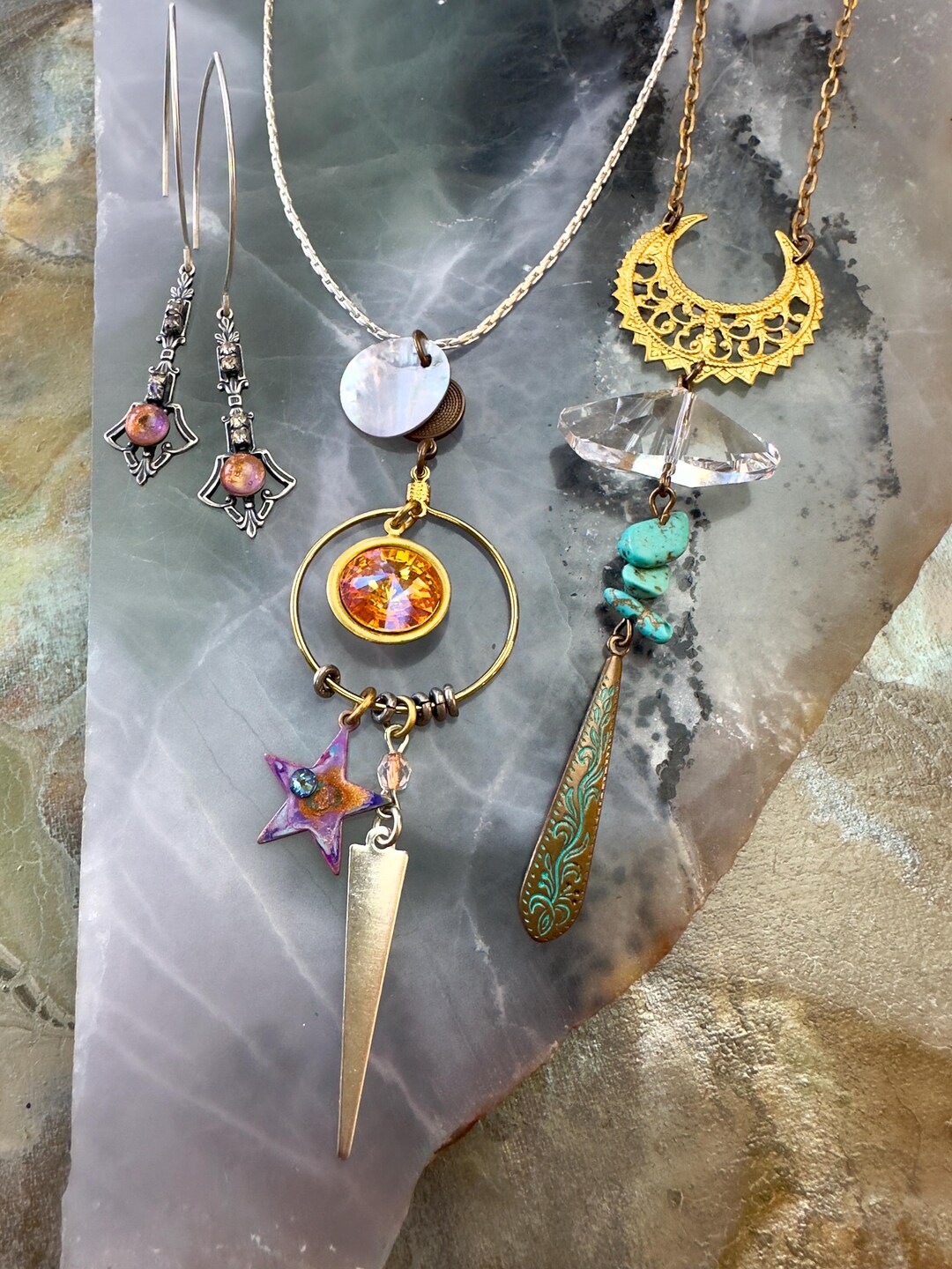 Vintaj 3 Piece Jewelry Set- One of A Kind - Artisan Brass CZECH Glass 2 ...