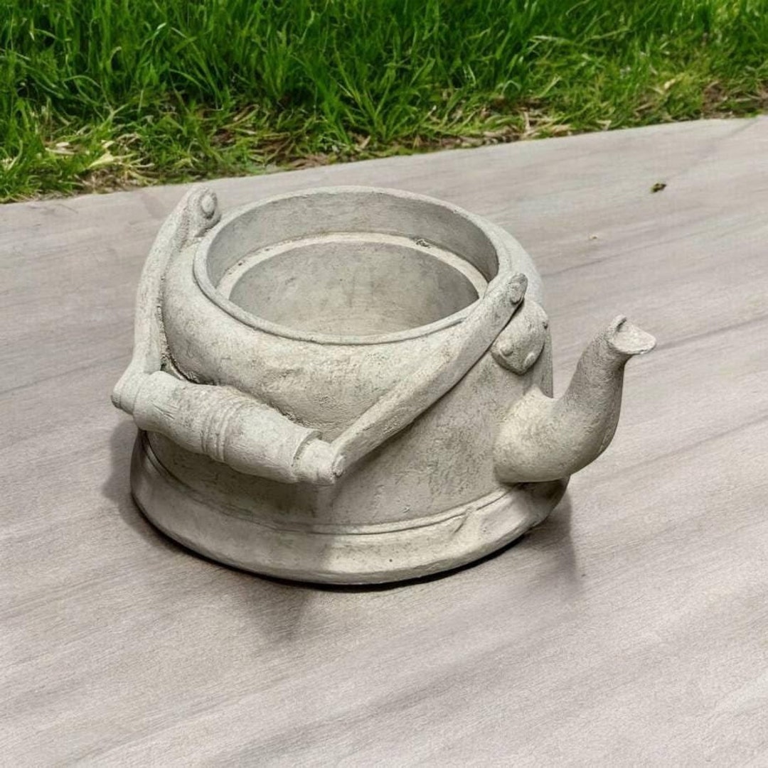 Tea Kettle Plant Pot | Concrete Kettle Figurine 7" | Yard Flower Pot ...