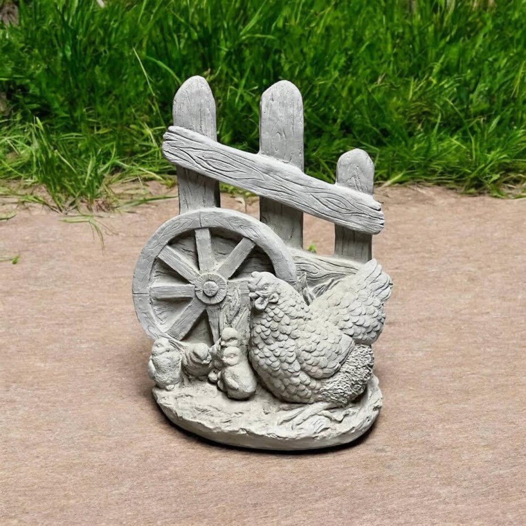 Stone Farm Sculpture | Chicken and Chicks 15" | Concrete Fence With ...