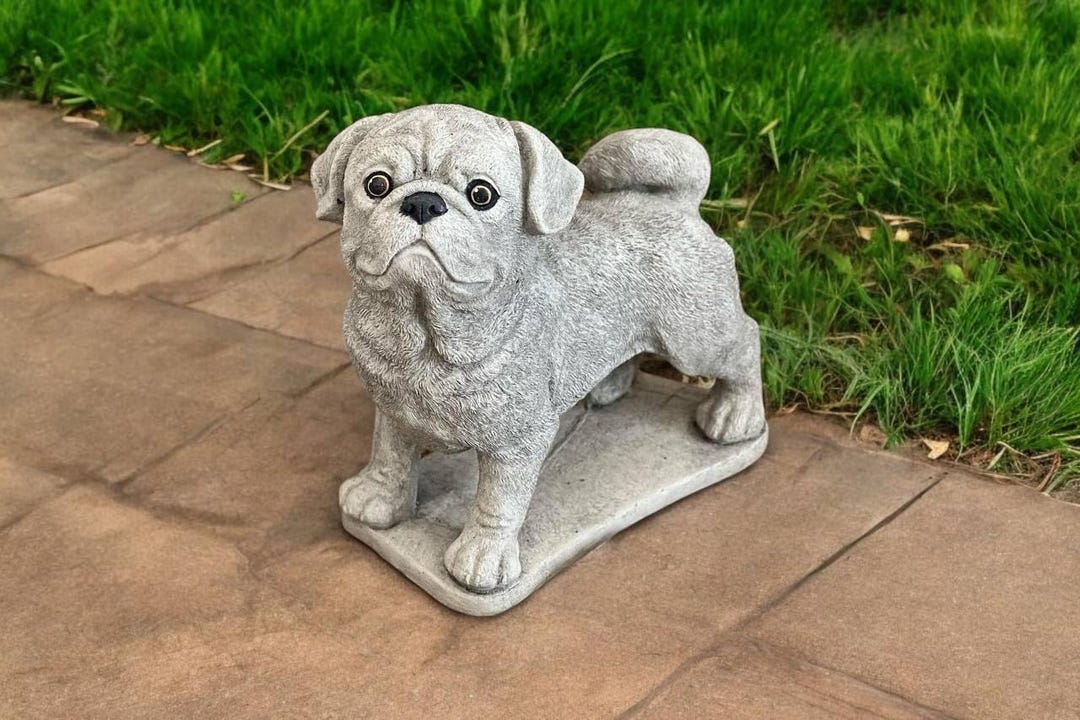 Concrete Pug Dog Memorial Statue | Stone Standing Pug Puppy on Base ...