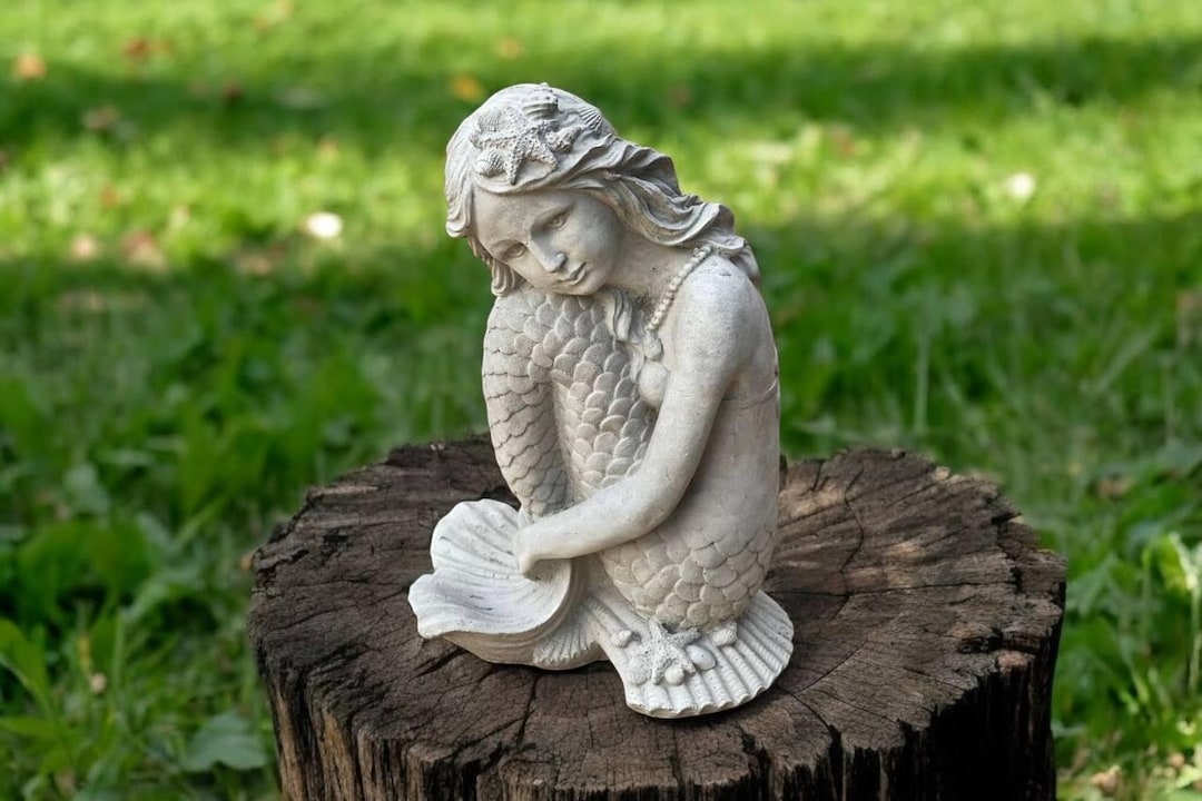 Concrete Mermaid Girl | Mermaid Sitting on Shell 13" | Sea Ornament ...