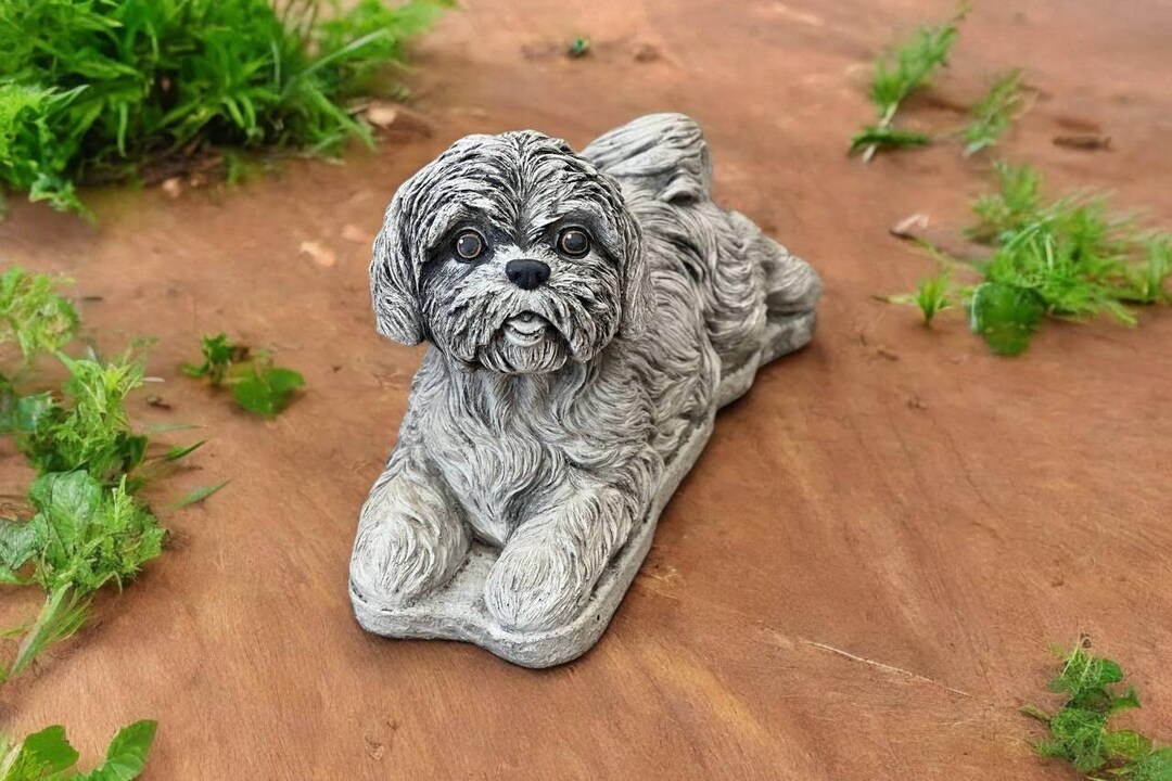 Shih Tzu Dog Concrete Statue | Laying Shih Tzu Puppy Stone Figurine 9 ...