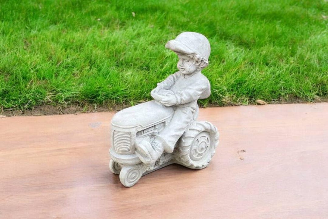 Stone Child Decoration | Boy Figure Driving Tractor Statue 12 ...