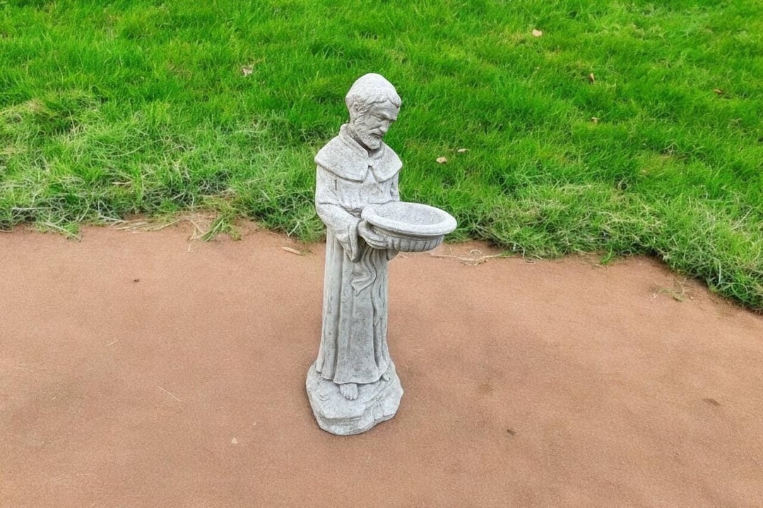 Standing Monk With Bowl | Concrete Man Statue 22'' | Bird Bowl Decor ...