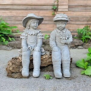 Concrete Sitting Boy and Girl Figures | Yard Stone Children Statue Lawn ...