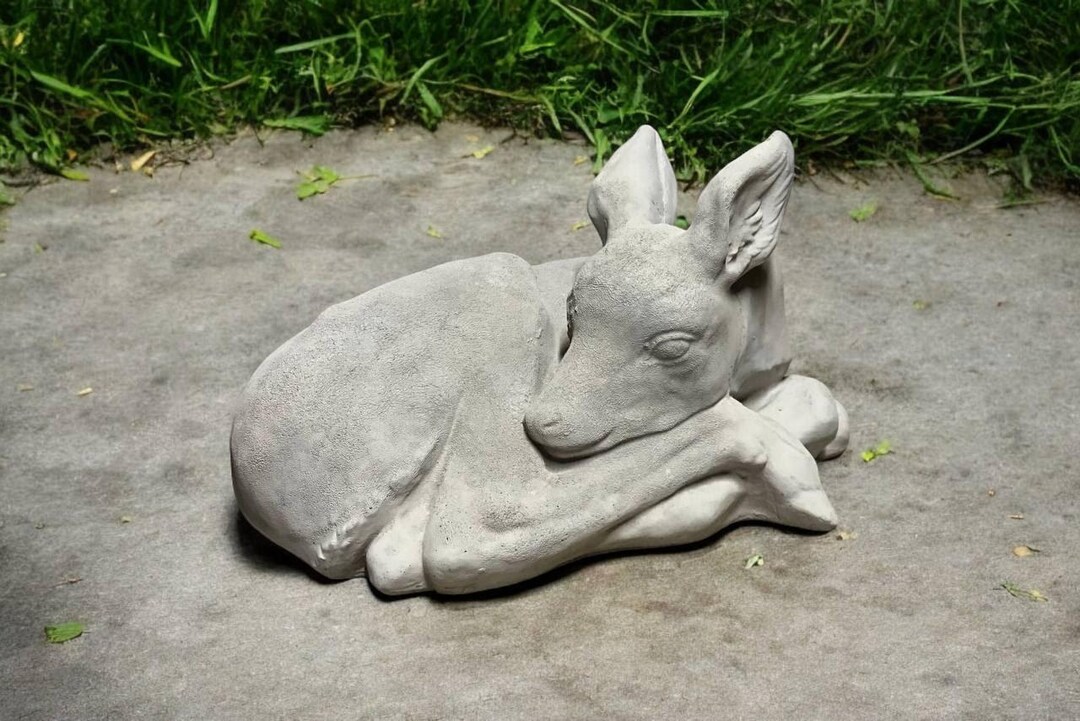 Massive Fawn Sleeping Figurine | Concrete Deer Yard Statue 10" | Garden ...