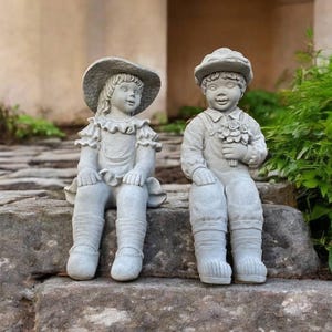 Concrete Sitting Boy and Girl Figures | Yard Stone Children Statue Lawn ...
