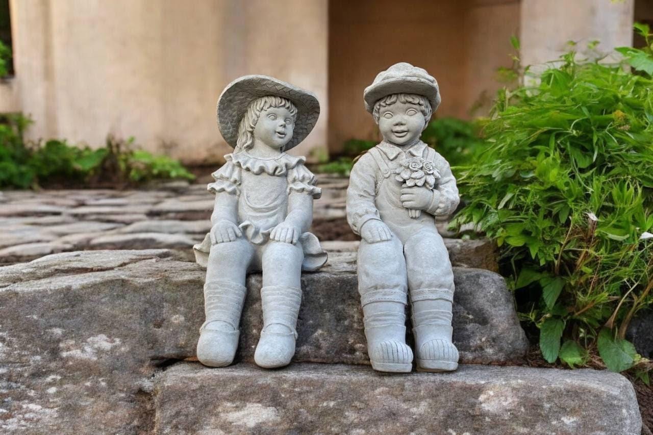 Concrete Sitting Boy and Girl Figures | Yard Stone Children Statue Lawn ...