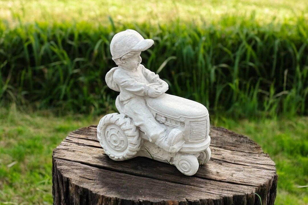 Stone Boy Sculpture | Boy Sitting on Tractor 12" | Concrete Kid Statue ...