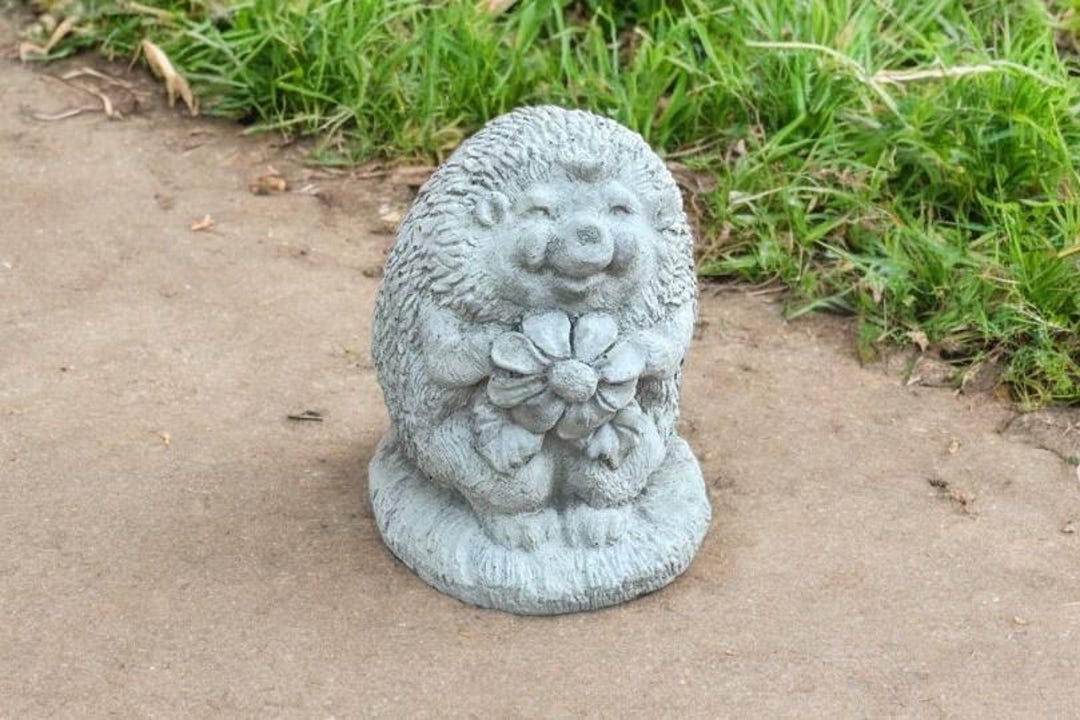 Concrete Hedgehog Standing With Flowers Statue | Forest Animal Gift ...