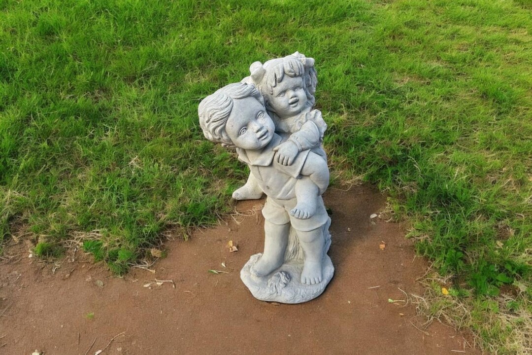 Boy With Girl on Back | Stone Kids Sculpture 20 '' | Children Yard ...
