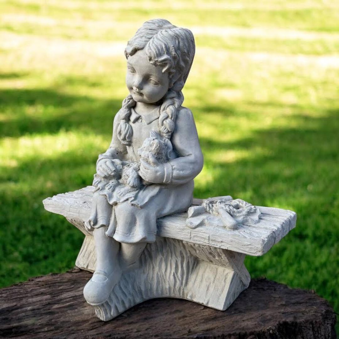 Concrete Girl Statue | Girl Sitting on Bench 18" | Yard Kid Sculpture ...