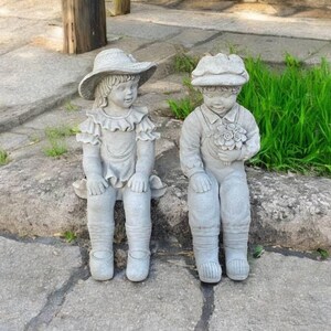Concrete Sitting Boy and Girl Figures | Yard Stone Children Statue Lawn ...