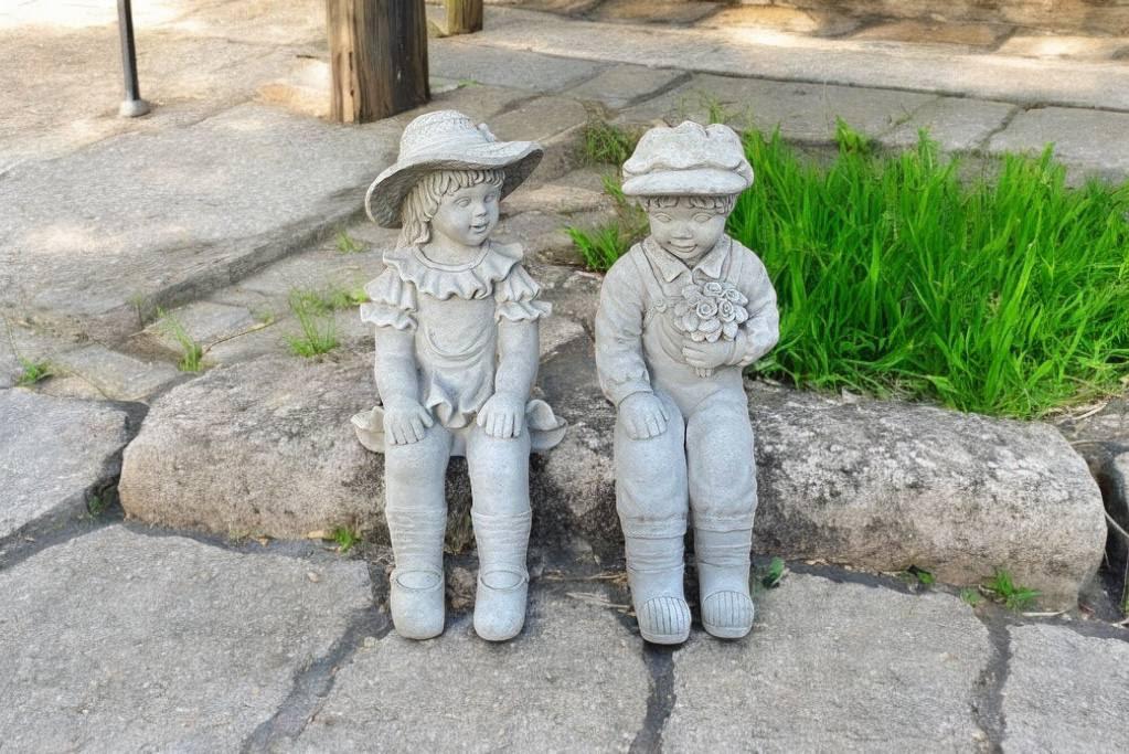 Concrete Sitting Boy and Girl Figures | Yard Stone Children Statue Lawn ...