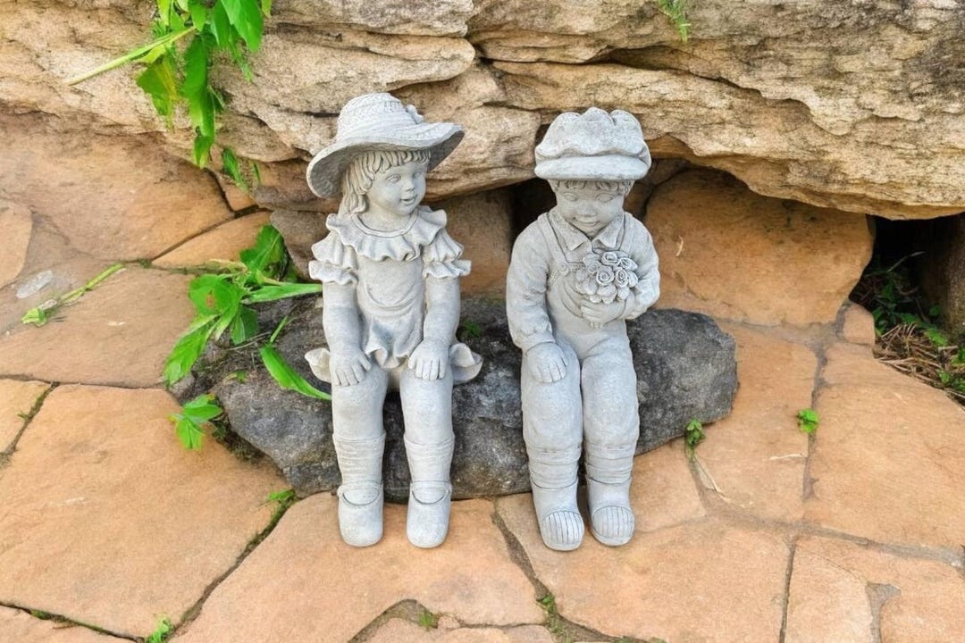 Concrete Sitting Boy and Girl Figures | Yard Stone Children Statue Lawn ...