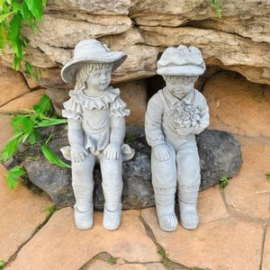 Concrete Sitting Boy and Girl Figures | Yard Stone Children Statue Lawn ...