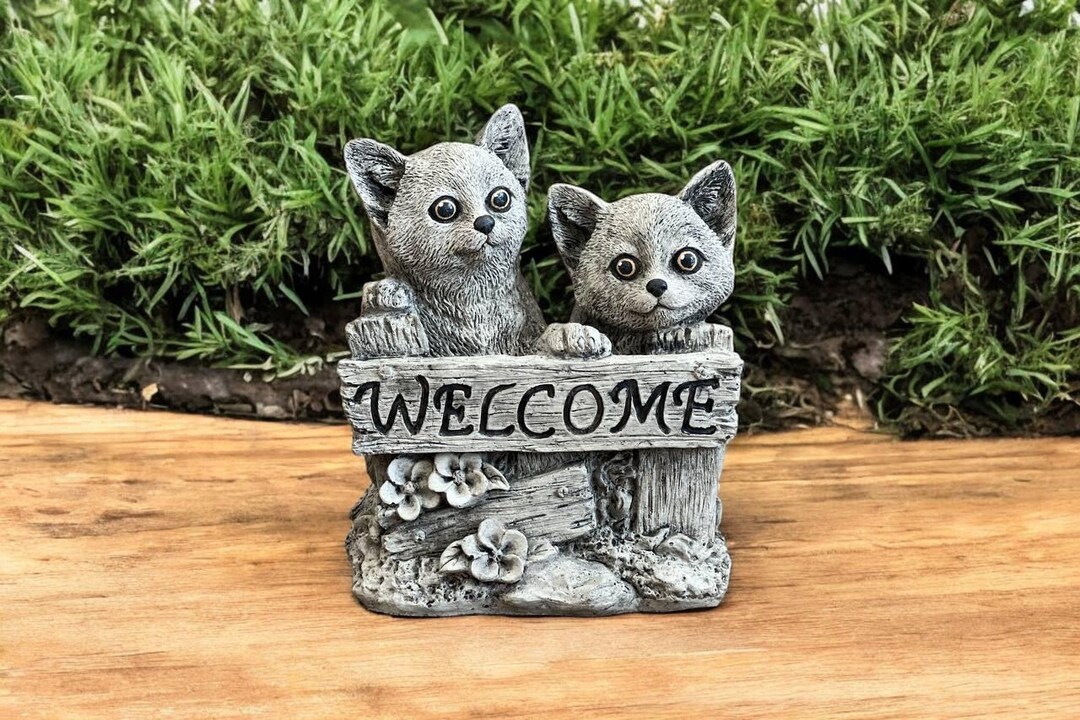 Concrete Welcome Figurine With Two Cats | Yard Cats Pair Statue 9 ...