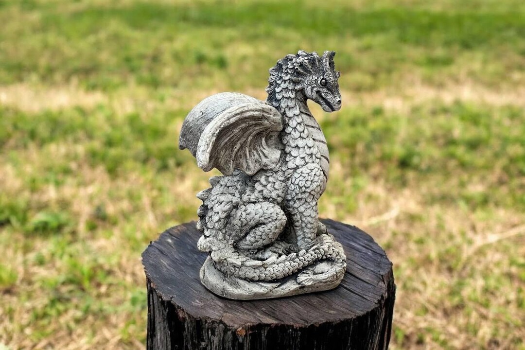 Concrete Dragon | Painted Dragon Figurine 9" | Sitting Dragon Statue ...
