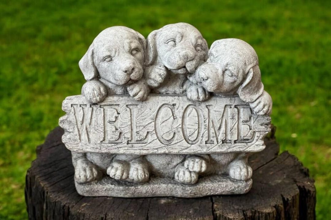 Three Dogs Sculpture | Concrete Welcome Statue 9" | Puppy Figurine ...