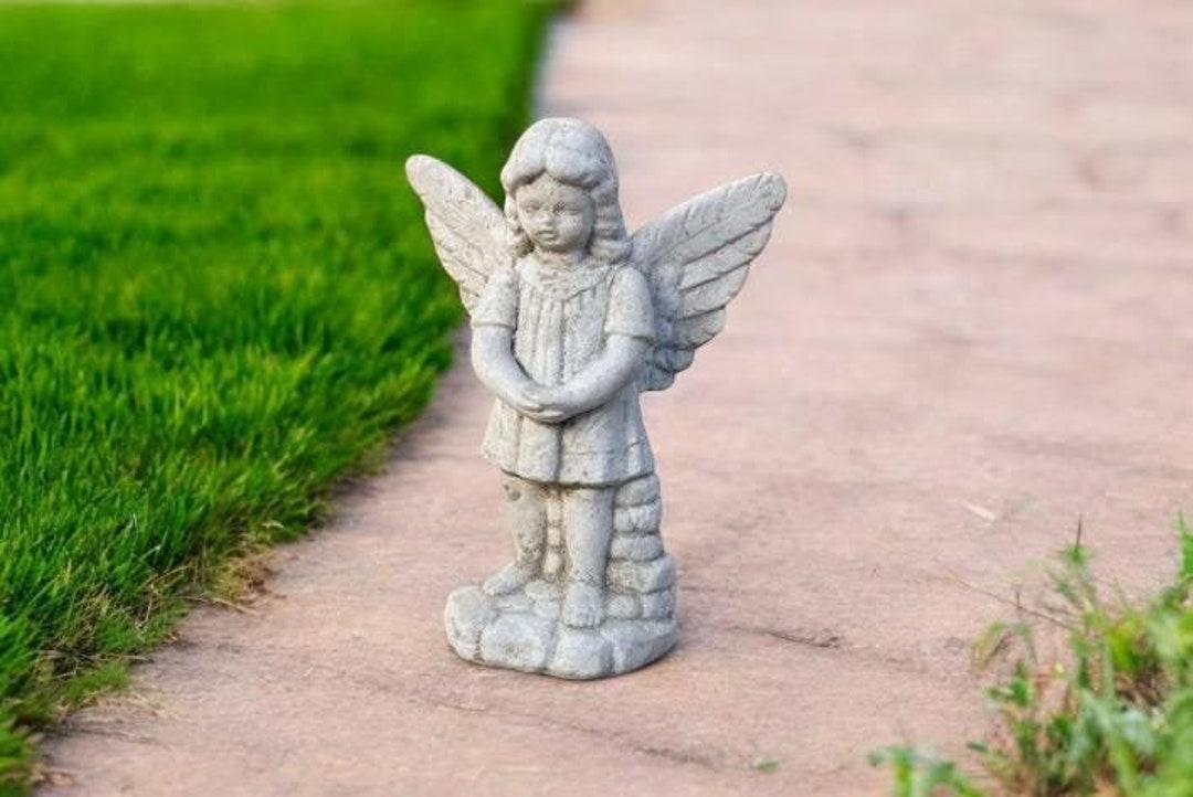 Little Girl Figurine | Concrete Girl With Wings 9" | Yard Angel Figure ...