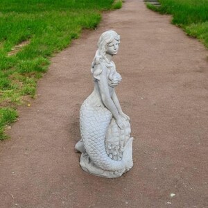 Concrete Mermaid on Stone Large Statue | Cement Marine Girl on Shell ...