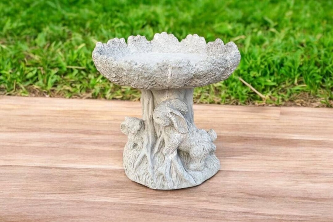Large Bird Bath | Concrete Bird Bath Figure 13" | Rabbits on Bird ...