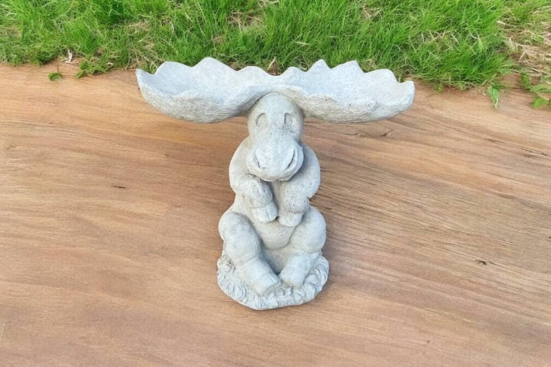 Sitting Moose Sculpture | Stone Bird Drinker 13" | Moose Horns Bird ...