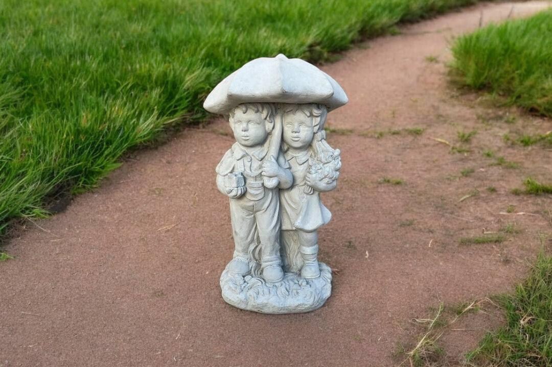 Cement Standing Girl and Boy Statue | Concrete Two Kids Under Umbrella ...